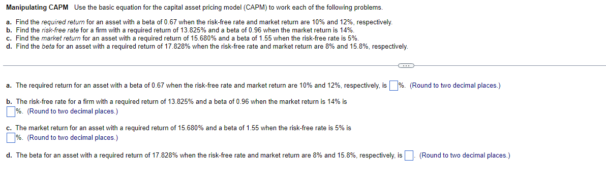 Solved Manipulating CAPM Use the basic equation for the | Chegg.com