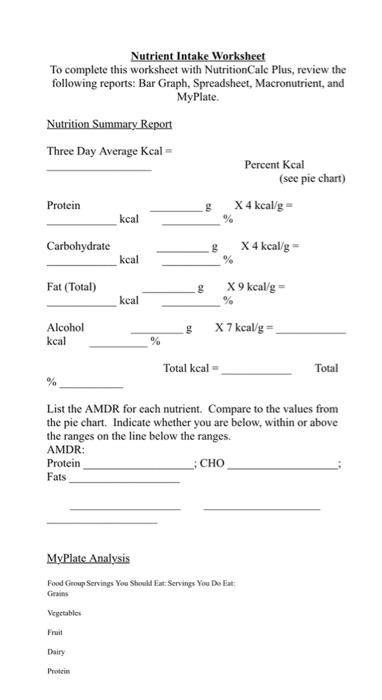 Please help and solve the nurution intake worksheet, | Chegg.com