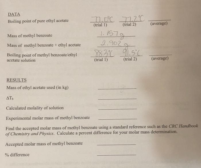 Solved DATA Boiling point of pure ethyl acetate 70C 77.2°C | Chegg.com