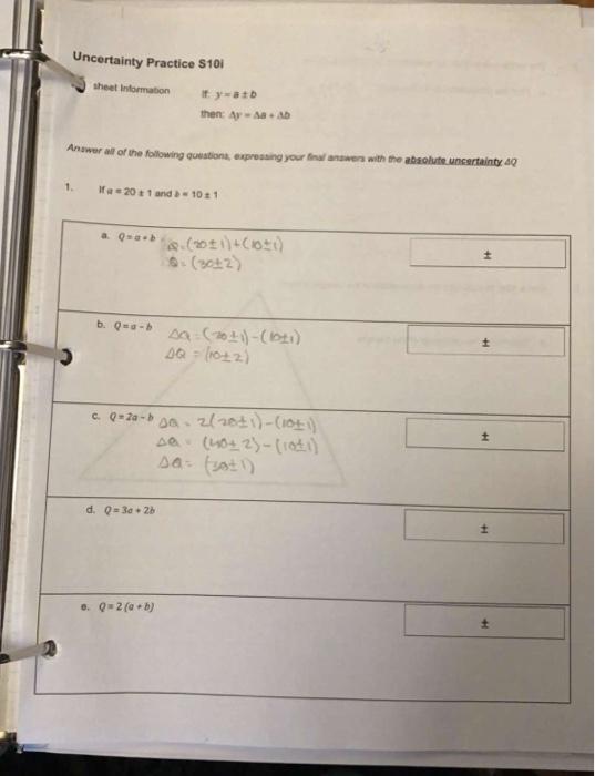Solved Uncertainty Practice S101 sheet Information If y at | Chegg.com