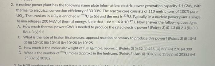 Solved 2. A nuclear power plant has the following name plate | Chegg.com