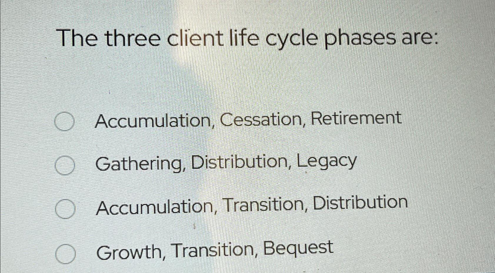 Solved The three client life cycle phases are:Accumulation, | Chegg.com
