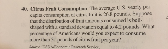 Solved 40. Citrus Fruit Consumption The average U.S. yearly | Chegg.com