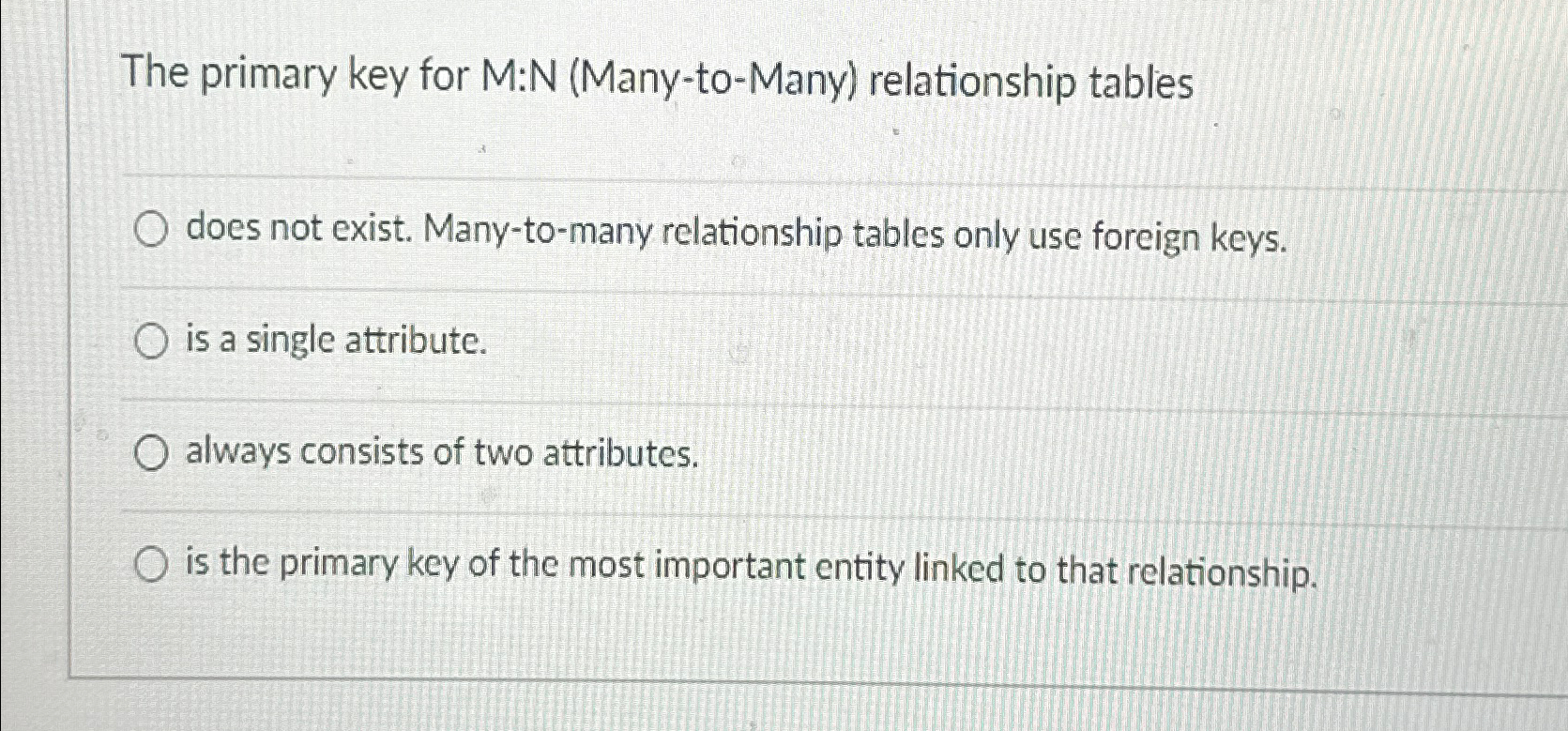 Solved The primary key for M:N (Many-to-Many) ﻿relationship | Chegg.com