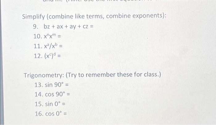 Solved Simplify (combine like terms, combine exponents): 9. | Chegg.com