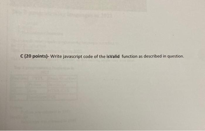 C (20 points)-Write javascript code of the isValid | Chegg.com C (20 points)-Write javascript code of the isValid | Chegg.com