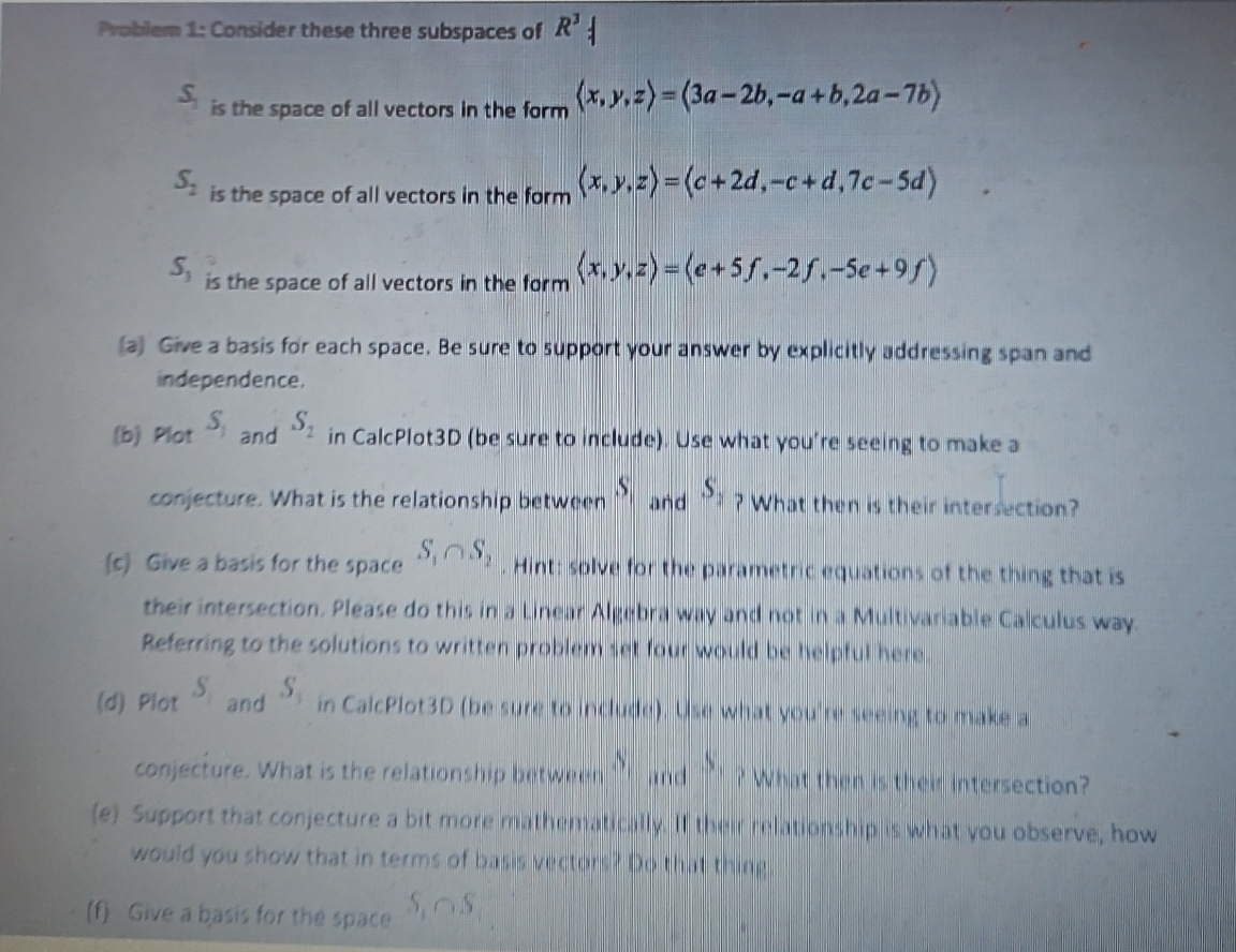 Solved •Problam 1: Consider these three subspaces of R3S. | Chegg.com