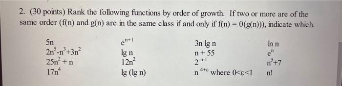 Solved 2. ( 30 points) Rank the following functions by order | Chegg.com