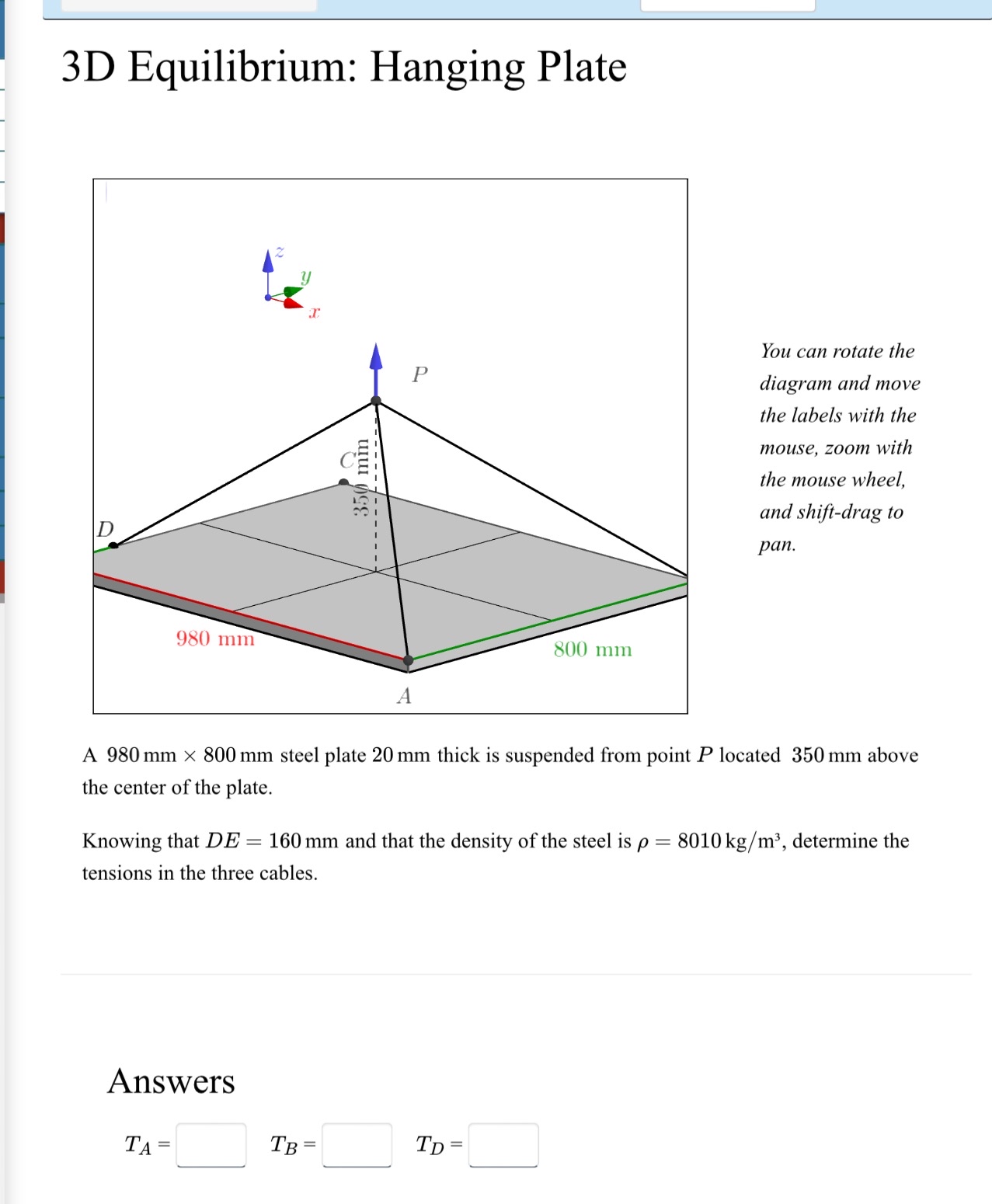 Solved 3D Equilibrium: Hanging PlateYou can rotate the | Chegg.com