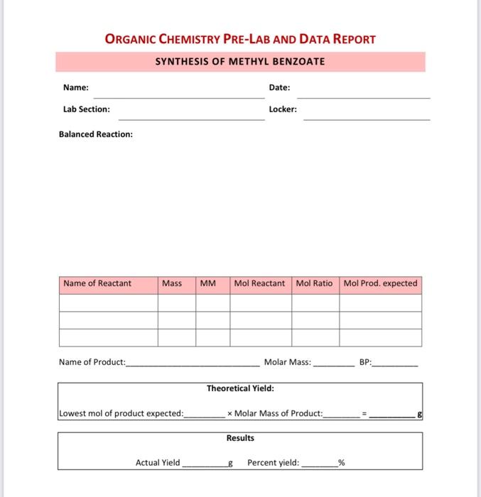 ORGANIC CHEMISTRY PRE-LAB AND DATA REPORT SYNTHESIS | Chegg.com