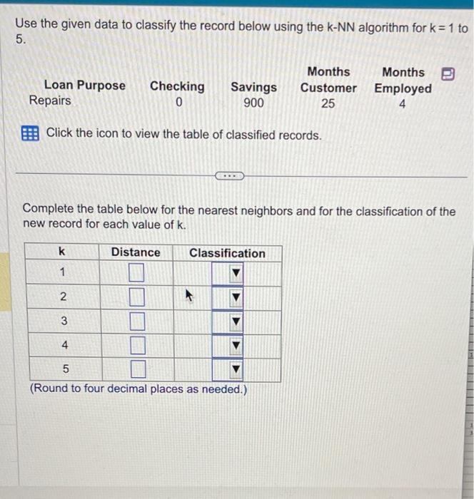 Solved Use the given data to classify the record below using | Chegg.com