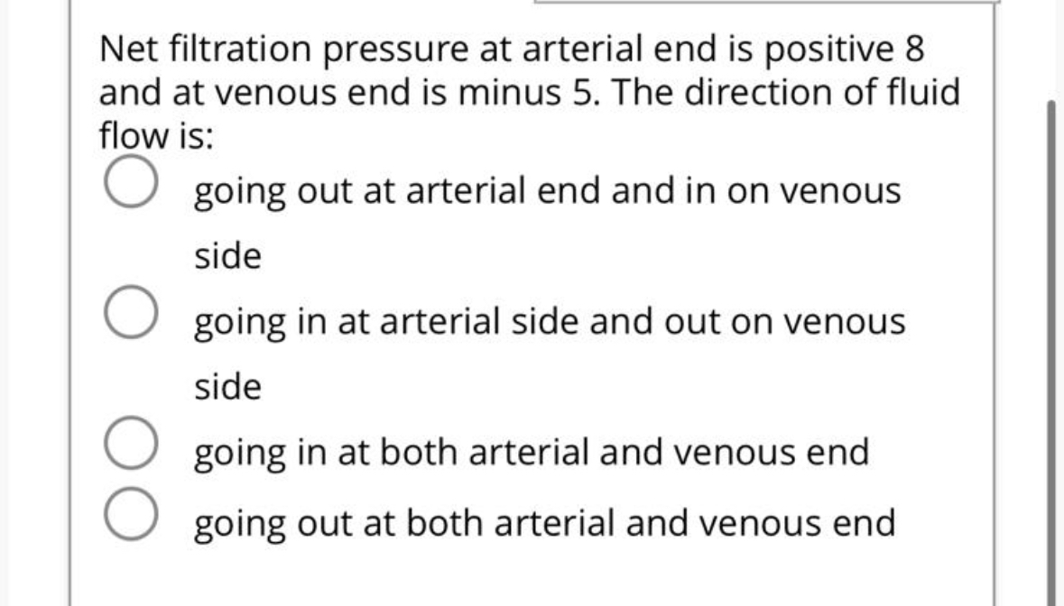 Solved Net filtration pressure at arterial end is positive 8 | Chegg.com