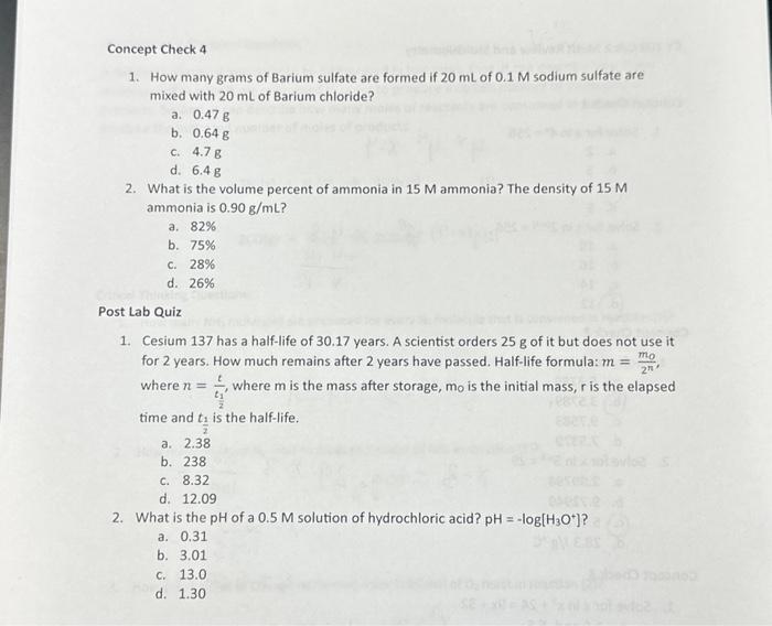 Solved Concept Check 4 1. How many grams of Barium sulfate | Chegg.com