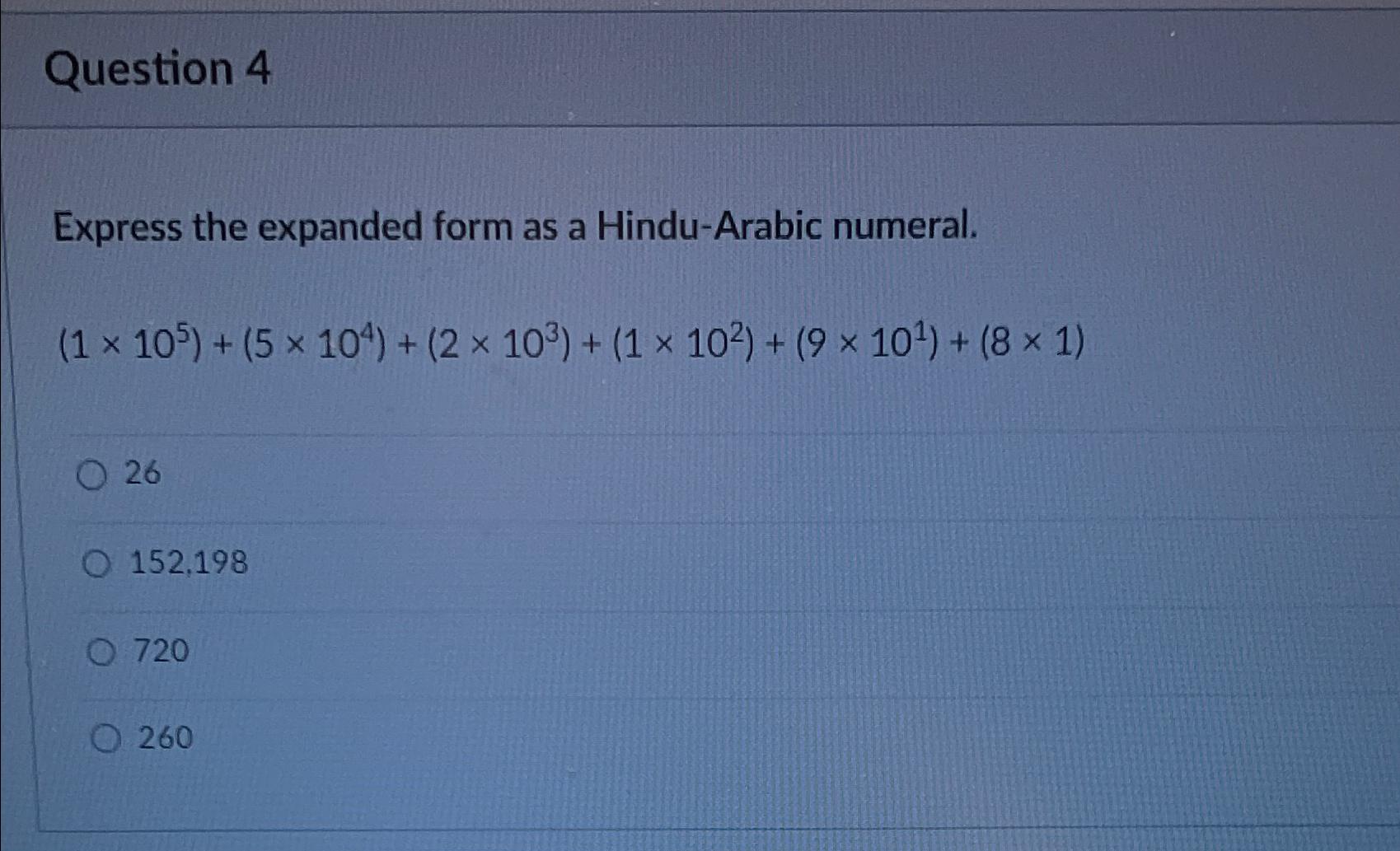 Solved Question 4Express the expanded form as a Hindu-Arabic | Chegg.com