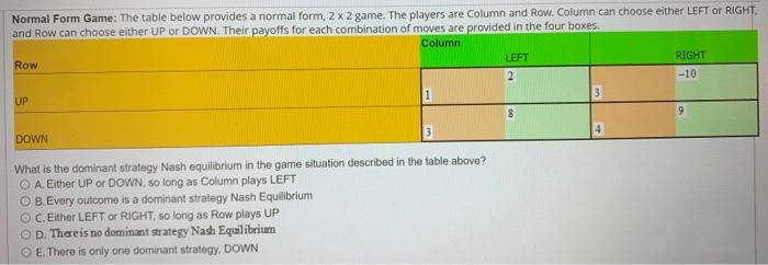 Solved Normal Form Game: The table below provides a normal | Chegg.com