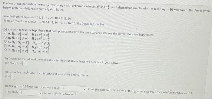 Solved In a test of two population means - μ1 versus μ2 - | Chegg.com
