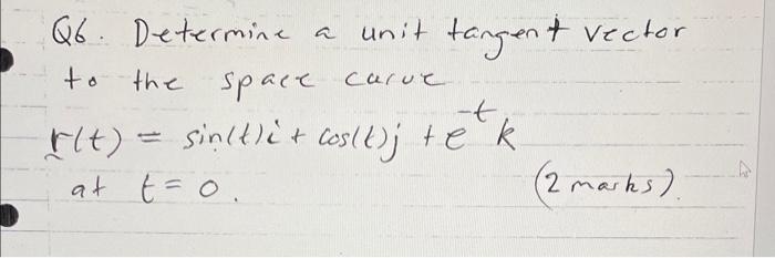Solved Q6. Determine a unit tangent vector to the space | Chegg.com