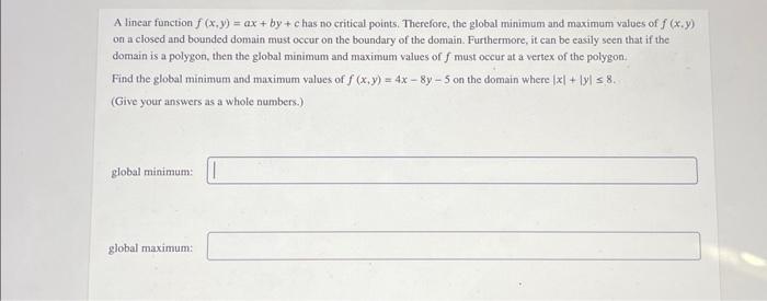 Solved A linear function f(x,y)=ax+by+c has no critical | Chegg.com