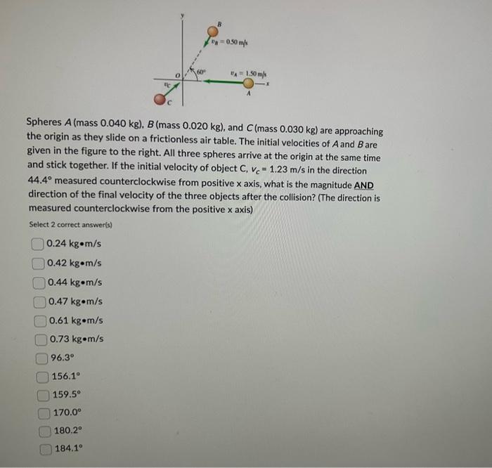 Solved Spheres A (mass 0.040 kg ), B (mass 0.020 kg ), and C | Chegg.com