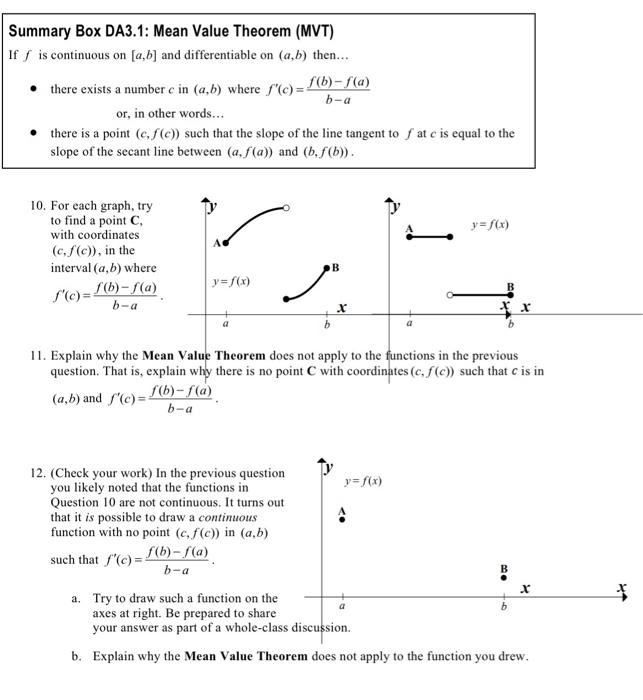 Solved Summary Box DA3.1: Mean Value Theorem (MVT) If is | Chegg.com