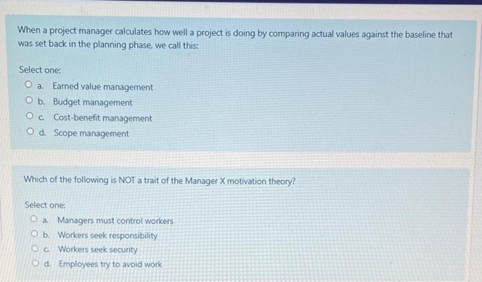 Solved When a project manager calculates how well a project | Chegg.com