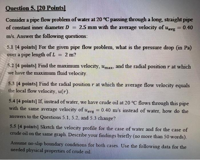 Solved Question 5. [20 Points] Consider a pipe flow problem | Chegg.com