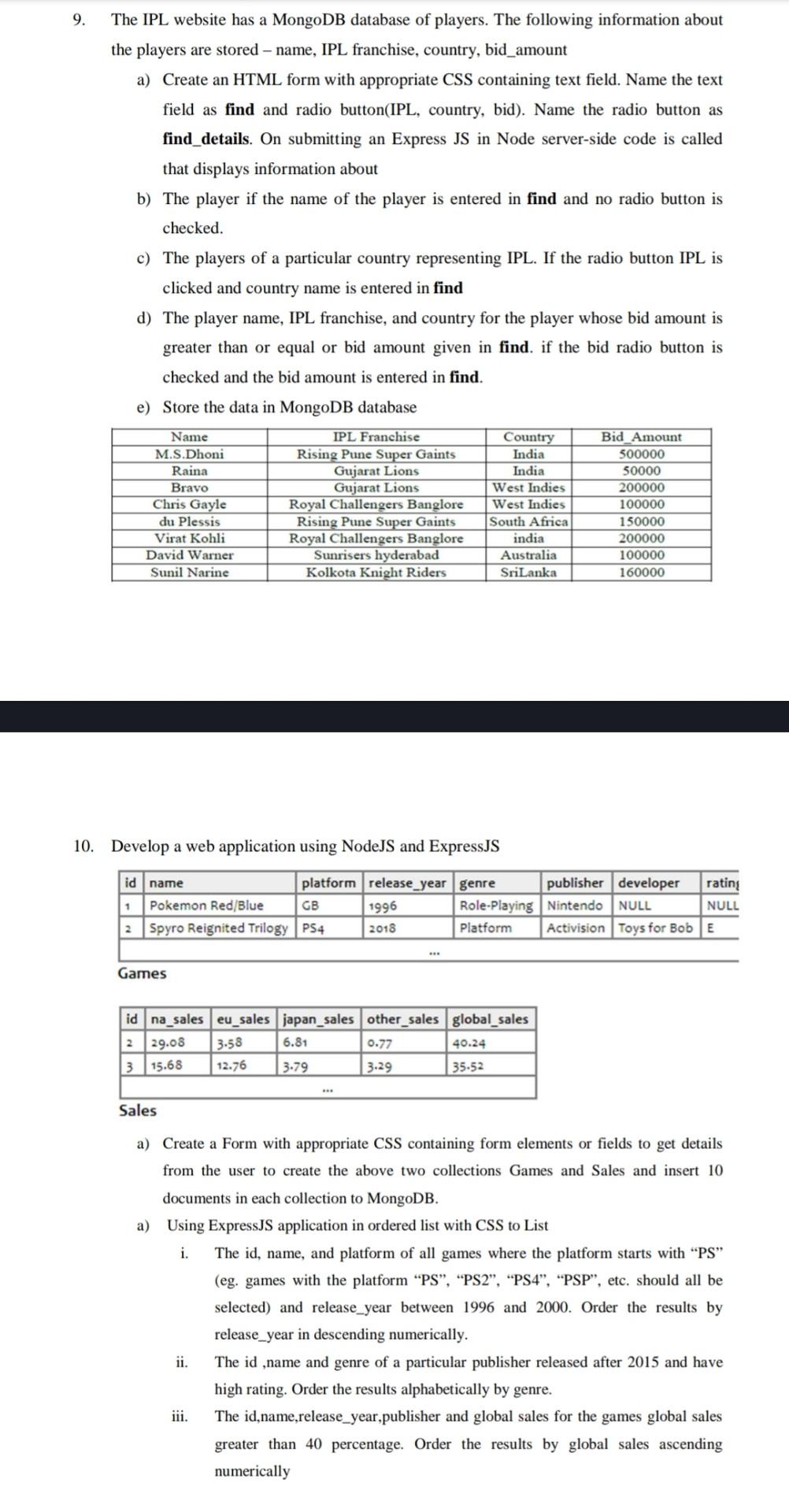Solved 9. The IPL website has a MongoDB database of players. | Chegg.com