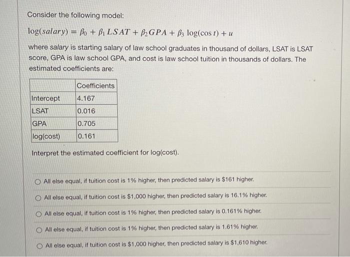 Solved Consider the following model: log(salary) = Bo + | Chegg.com
