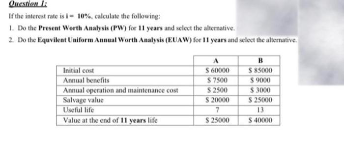 Solved Question 1: If the interest rate isi - 10%, calculate | Chegg.com