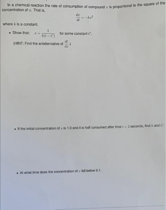 Solved In a chemical reaction the rate of consumption of | Chegg.com