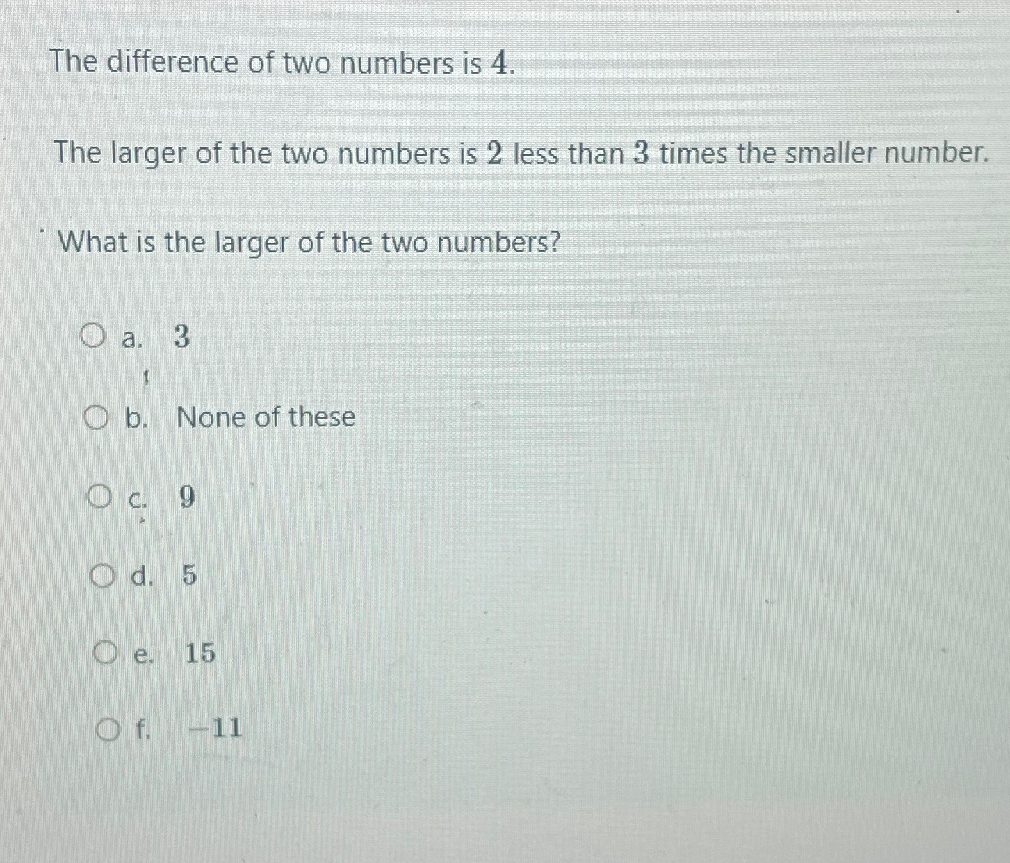 Solved The difference of two numbers is 4 .The larger of the | Chegg.com
