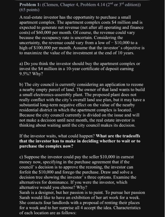 Solved Problem 1: (Clemen, Chapter 4, Problem 4.14 ( 2nd or | Chegg.com