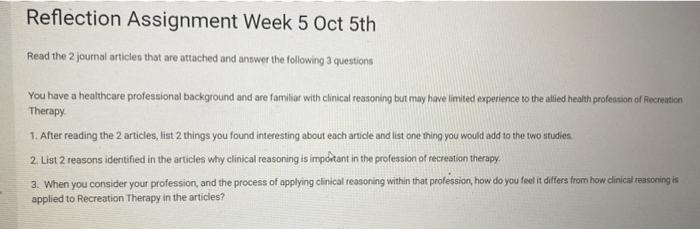 Solved Reflection Assignment Week 5 Oct 5 th Read the 2 | Chegg.com