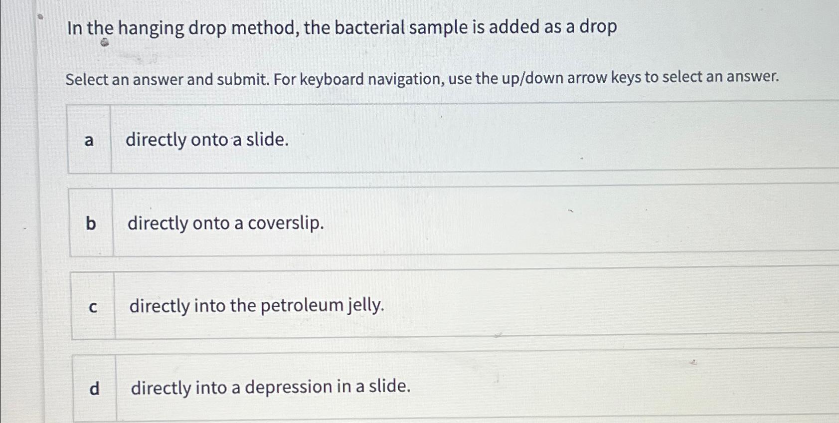 Solved In the hanging drop method, the bacterial sample is | Chegg.com