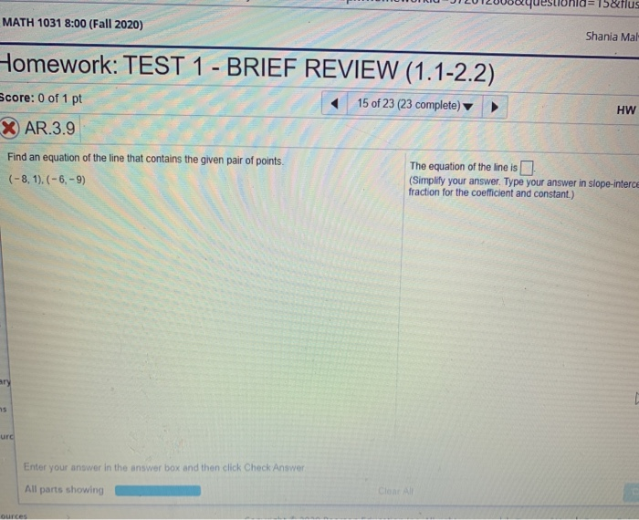 Solved 15&tlus MATH 1031 8:00 (Fall 2020) Shania Mal | Chegg.com