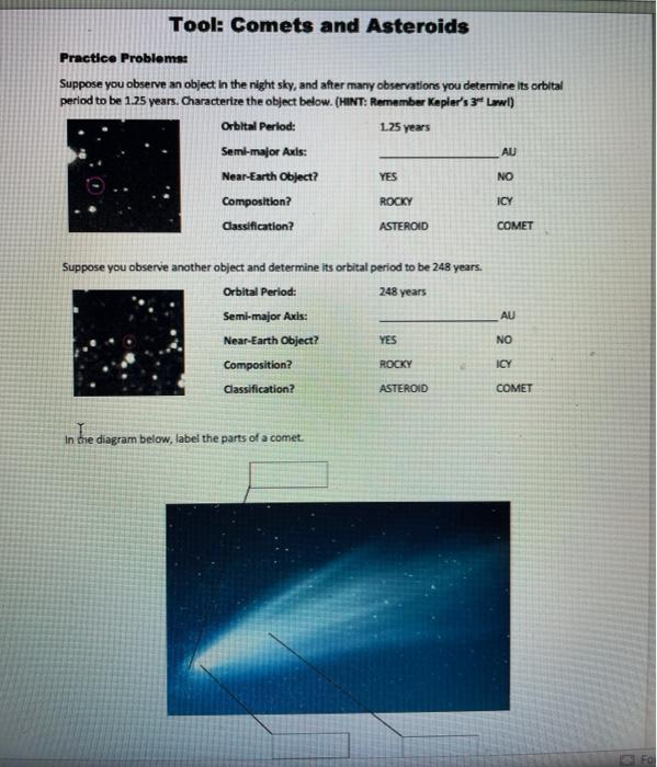 Solved Tool: Comets and Asteroids Practice Problems: Suppose | Chegg.com