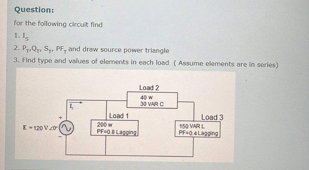 Solved Question:for the following circuit findISPT,QT,ST,PFT | Chegg.com