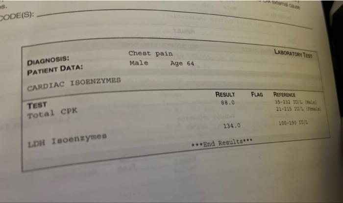 Solved S. CODE(S): LABORATORY TEST Chest pain Male Age 64 | Chegg.com