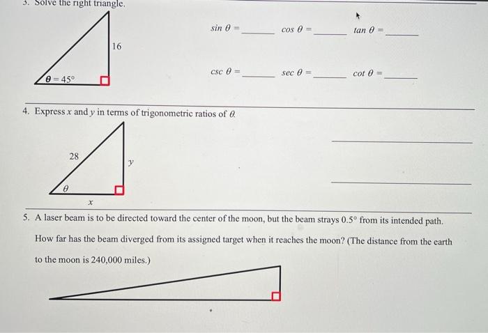 Solved 3. Solve the right triangle. sinθ=cosθ=tanθ= cscθ= | Chegg.com