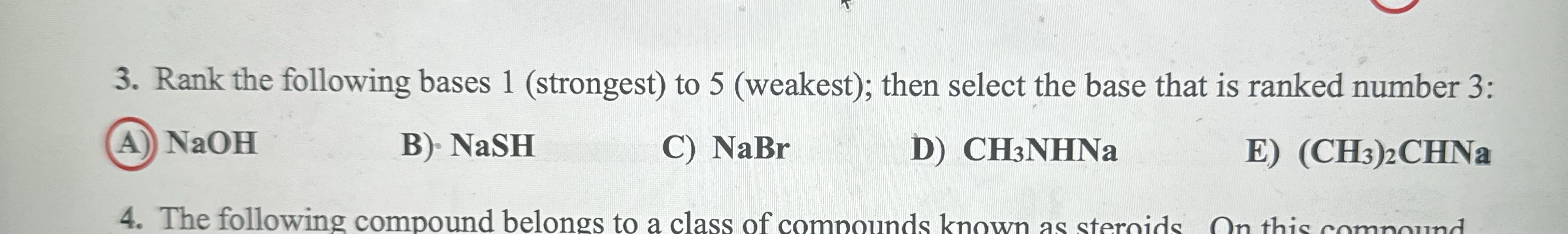 Solved Rank the following bases 1 (strongest) ﻿to | Chegg.com