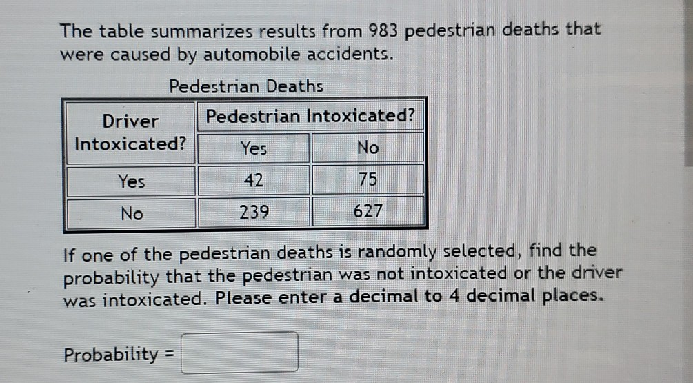 Solved The table summarizes results from 978 pedestrian | Chegg.com