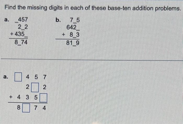 Solved Find the missing digits in each of these base-ten | Chegg.com