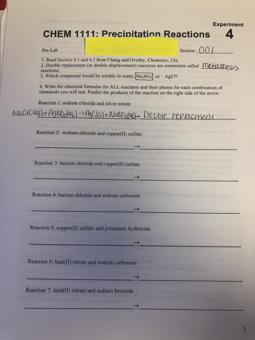 Solved Experiment CHEM 1111: Precipitation Reactions 4 | Chegg.com