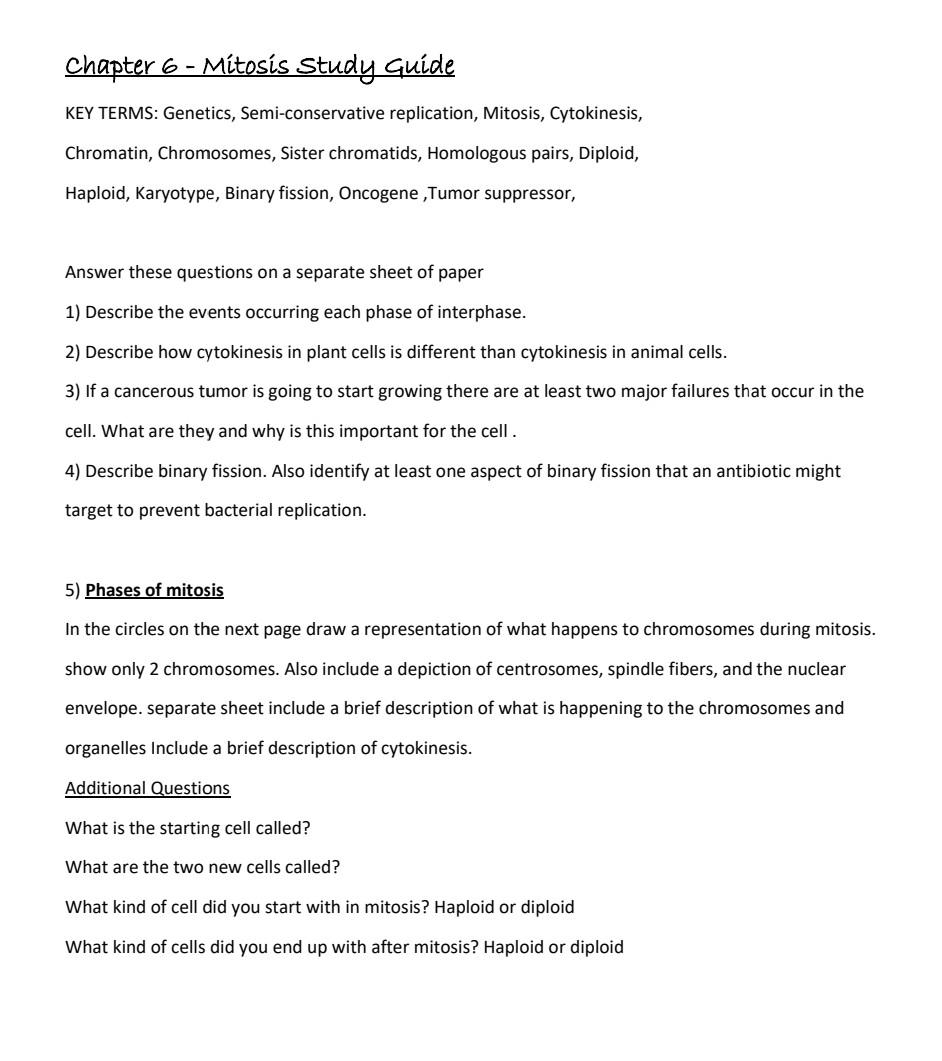Solved chapter 6 - Mítosis Study Guide KEY TERMS: Genetics, | Chegg.com