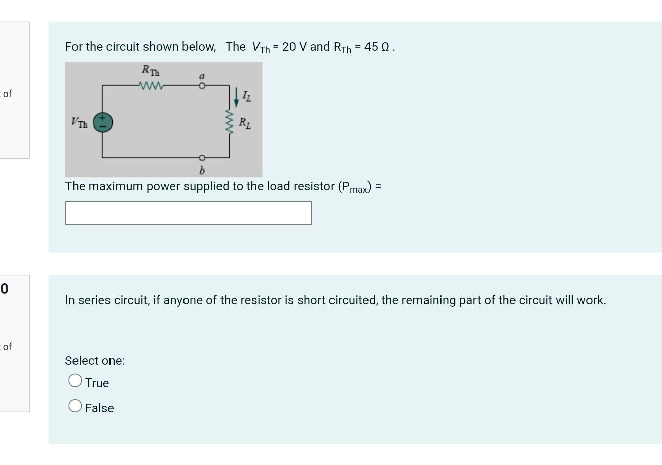 Solved For the circuit shown below, The Vth = 20 V and Rth = | Chegg.com