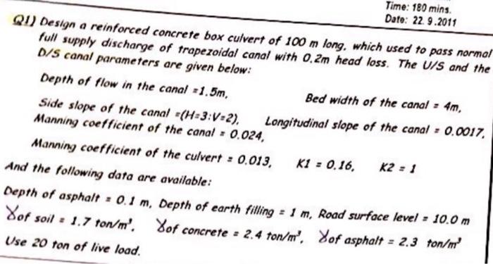Solved Q1) Design a reinfonced concrete box culvert of 100 m | Chegg.com