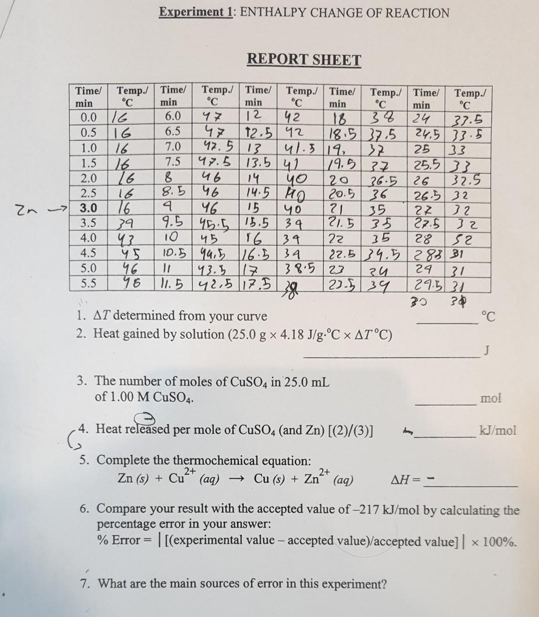 Solved Experiment 1: ENTHALPY CHANGE OF REACTION REPORT | Chegg.com