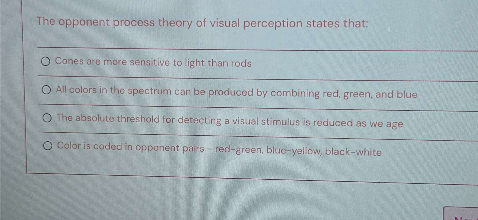 Solved The opponent process theory of visual perception | Chegg.com