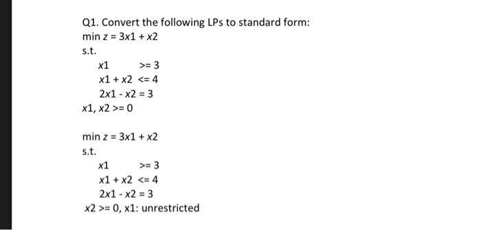 Solved Q1. Convert the following LPs to standard form: | Chegg.com
