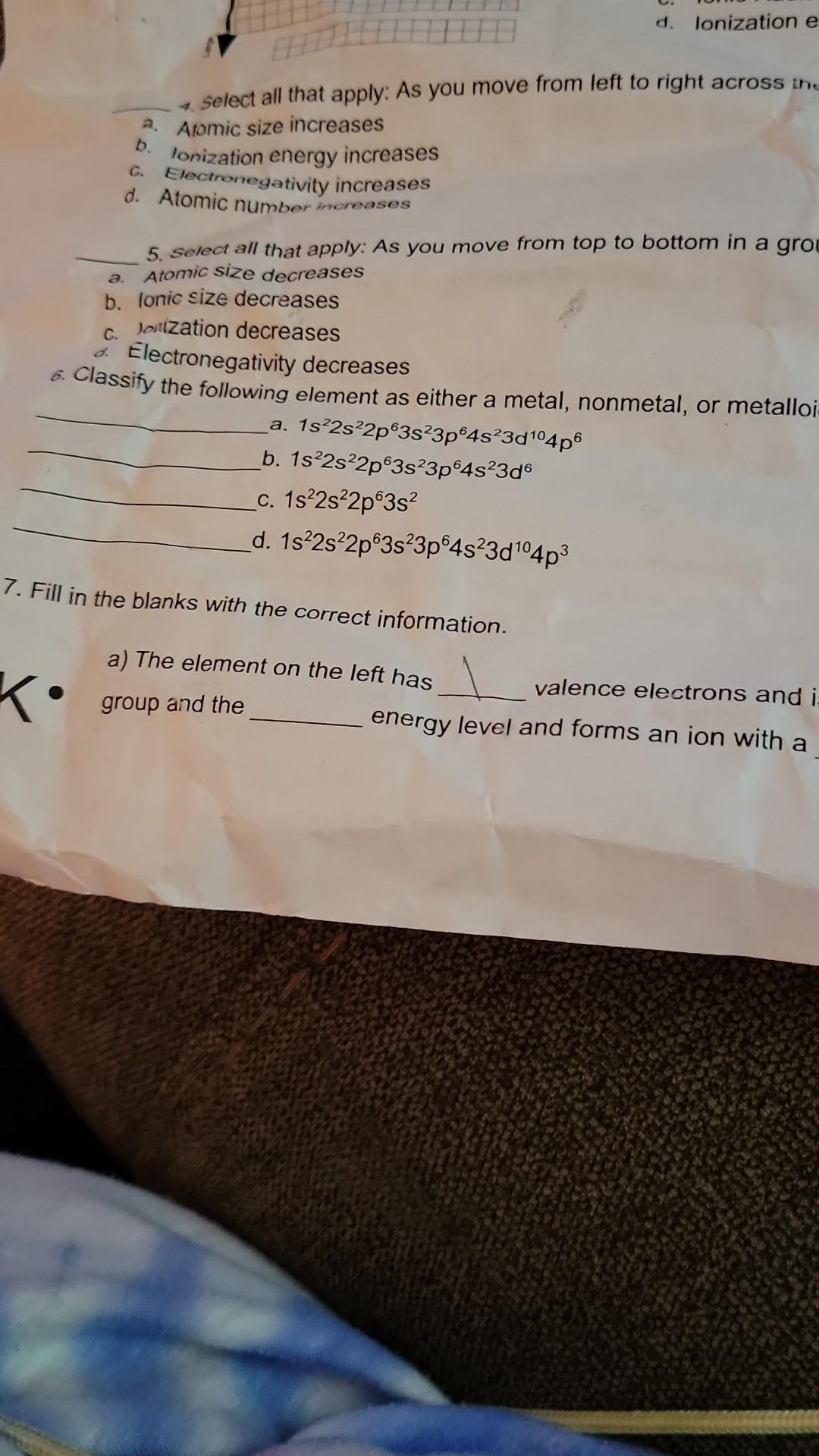 Solved d. Ionization e 1. select all that apply: As you move | Chegg.com